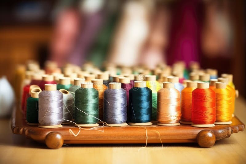 Sewing Machine with Spools of Thread on Table Stock Image - Image of ...