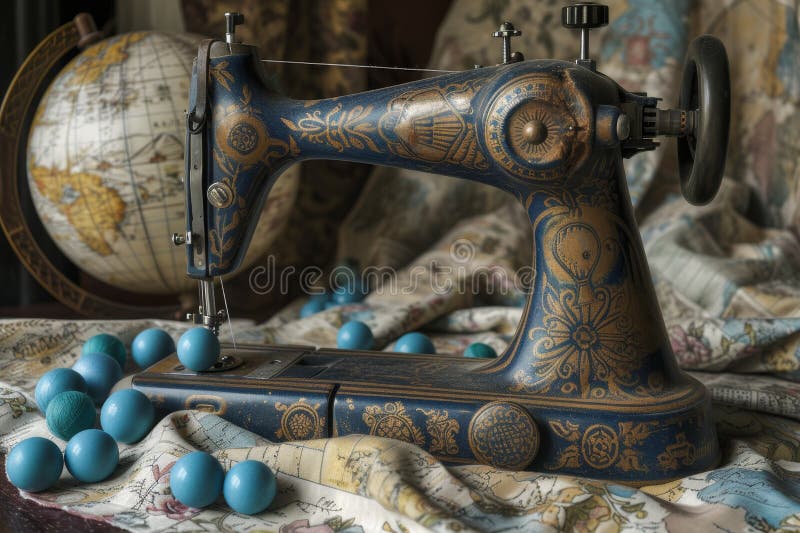 The Sewing Machine Stands on a Fabric with a World Map Pattern ...