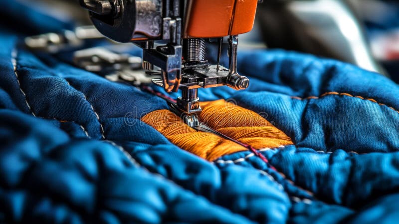 Sewing Machine Stitching Blue Fabric with Orange Thread Stock ...