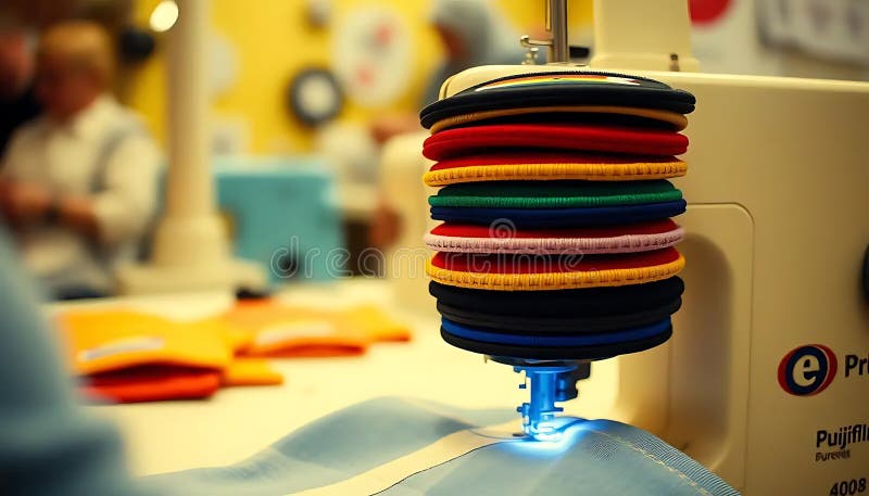 Sewing Machine Stitching Fabric with Colorful Thread Stack Accessories ...