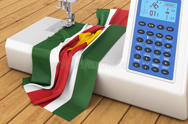 Sewing Machine with Surinamese Flag on the Wooden Table. 3D Rendering ...