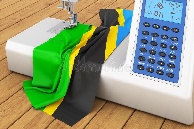Sewing Machine with Tanzanian Flag on the Wooden Table. 3D Rendering ...