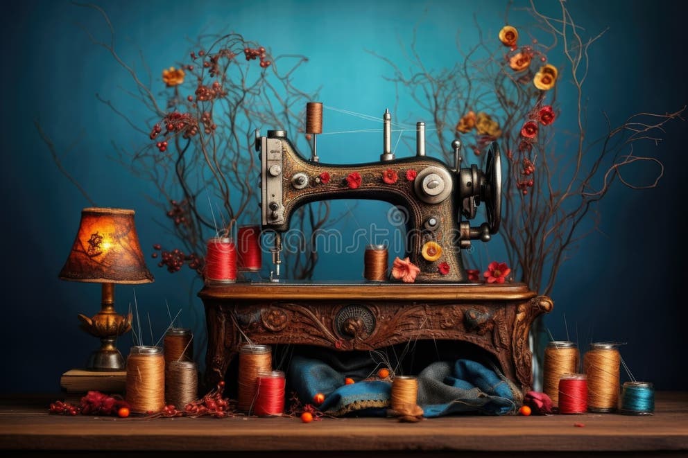 Sewing Machine with Threads and Buttons Arrangement Stock Illustration ...