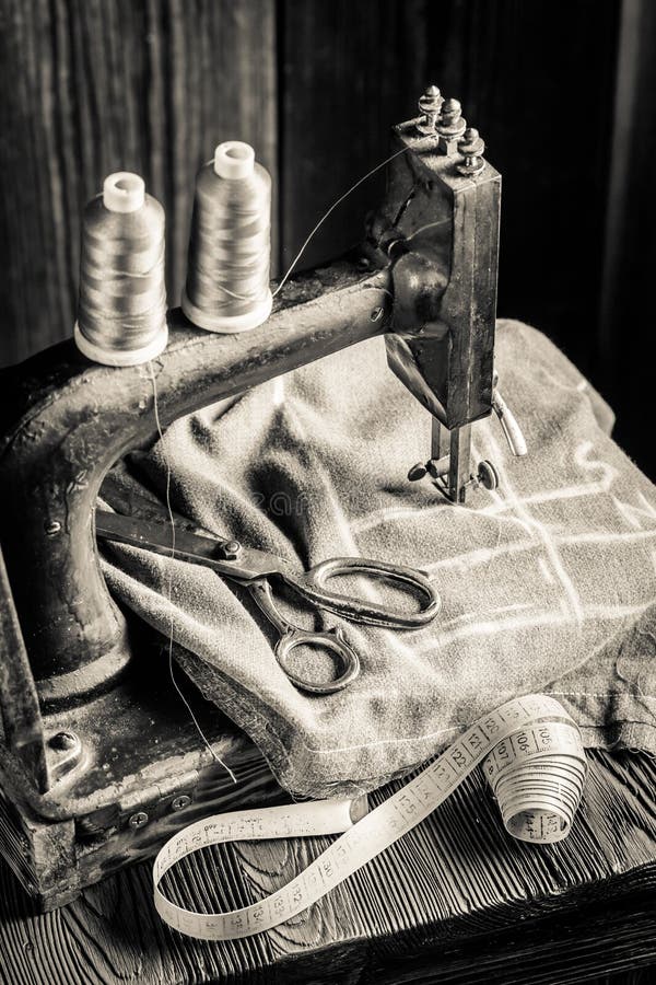Sewing Machine with Threads, Scissors and Cloth Stock Photo - Image of ...