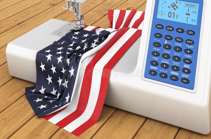 Sewing Machine with the United States Flag on the Wooden Table. 3D ...