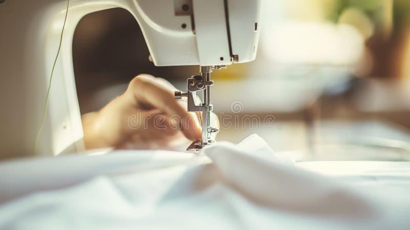 Sewing Machine in Use, Hand Guiding Fabric, Close-up of Needle and ...