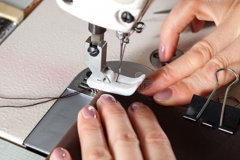 Sewing Machine with Womans Hands Stock Image - Image of hand, stitches ...