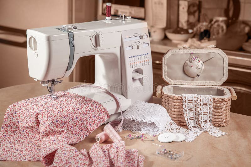 Sewing Machine in Work with Sewing Box Stock Image - Image of ...