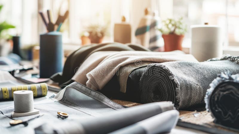 Sewing Materials and Fabrics on a Table in a Studio with a Large Window ...