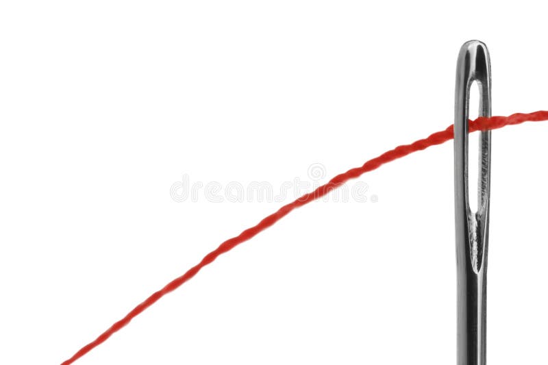 Needle with Red Thread and Stitches in Shape of Heart on White Fabric ...