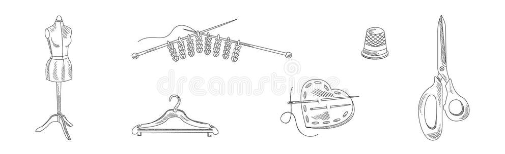 Sewing and Needlework Line Sketch Object and Element Vector Set Stock ...