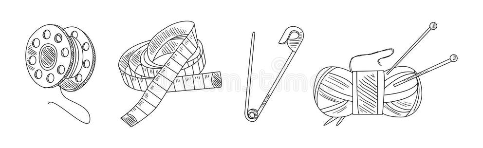 Sewing and Needlework Line Sketch Object and Element Vector Set Stock ...