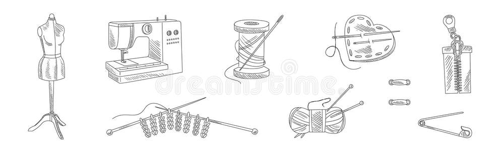 Sewing and Needlework Line Sketch Object and Element Vector Set Stock ...