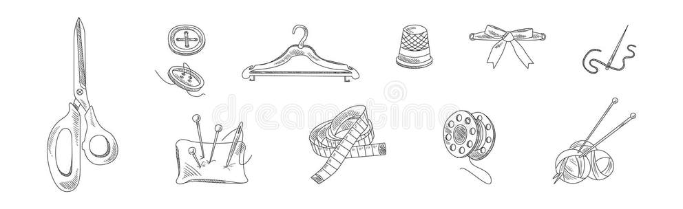 Sewing and Needlework Line Sketch Object and Element Vector Set Stock ...