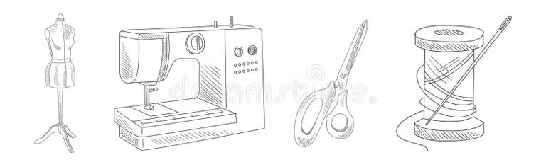 Sewing and Needlework Line Sketch Object and Element Vector Set Stock ...