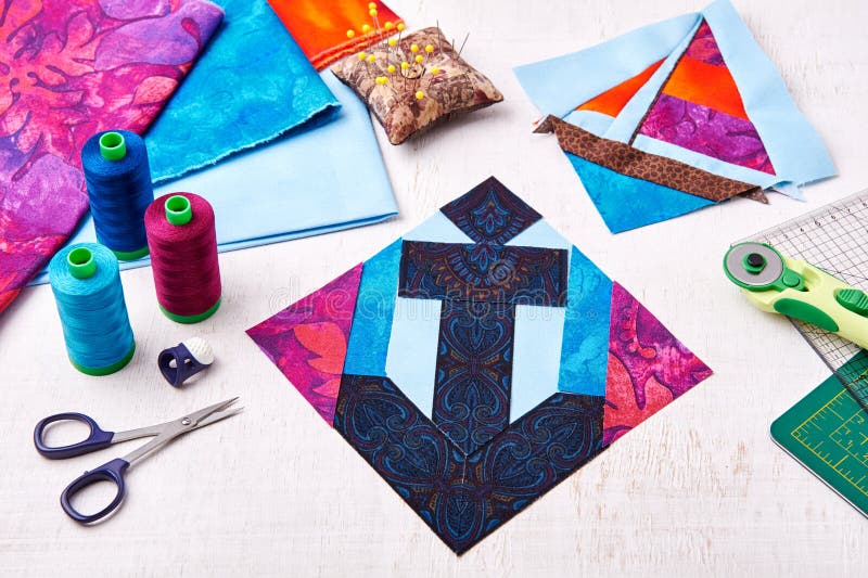 Sewing Patchwork of Block Anchor Surrounded by Accessories Stock Image ...