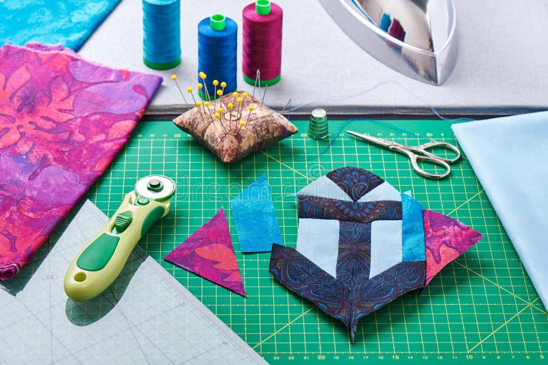 Sewing Patchwork of Block Anchor Surrounded by Accessories Stock Image ...