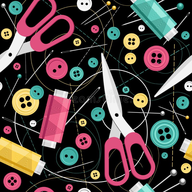 Seamless Pattern with Colorful Spools of Thread, Buttons for Clothes ...