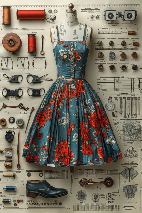 Sewing Pattern Drawings with 3D Emergent Colored Clothing Designs Stock ...