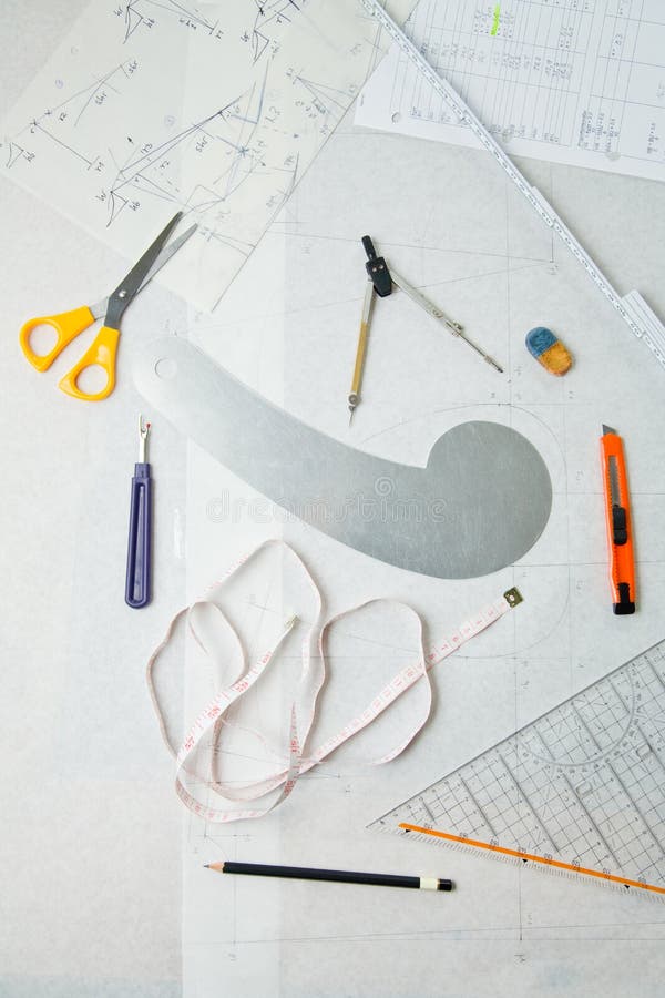 Sewing Pattern with Tools from Above Stock Photo - Image of plan ...