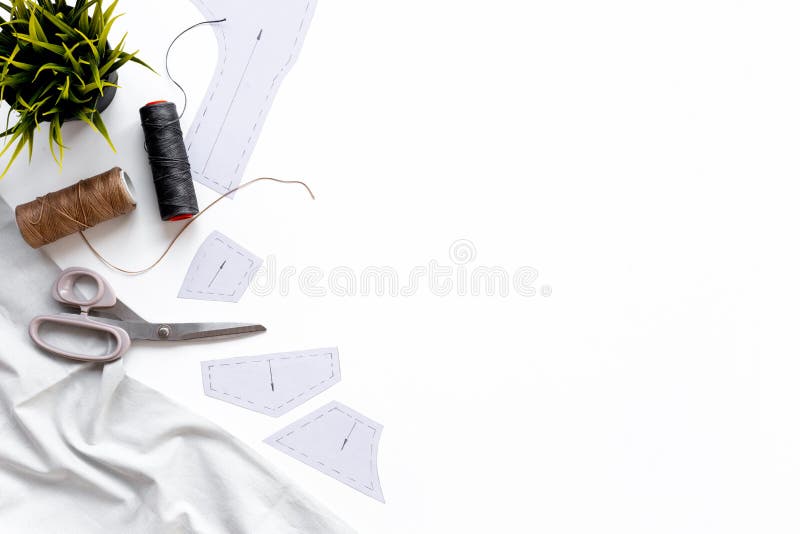 Sewing Patterns with Fabric - Fashion Designer Table with Tailor Tools ...