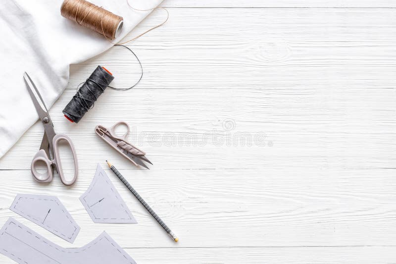 Sewing Patterns with Fabric - Fashion Designer Table with Tailor Tools ...