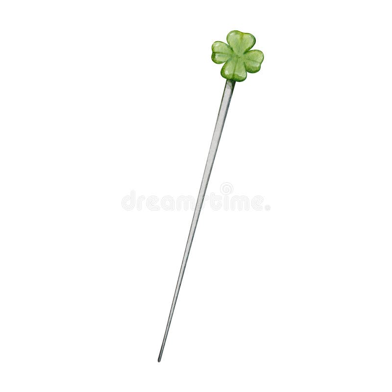 Sewing Pin with a Four-leaf Clover Head. Watercolor Illustration is a ...