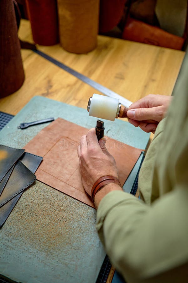 Sewing Process of the Leather Belt. Man& X27;s Hands Behind Sewing ...