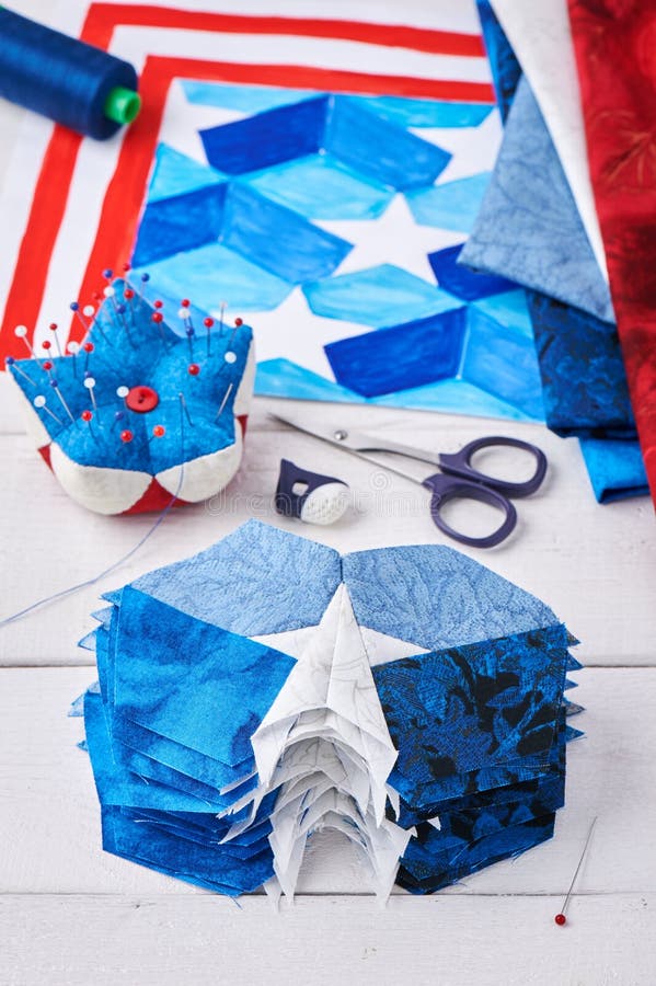 Sewing of Quilt with Stylized Elements of American Flag Stock Photo ...