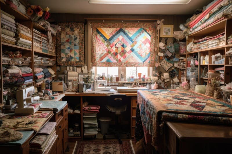 Sewing Room Filled with Patterns, Fabrics, and Sewing Supplies Stock ...