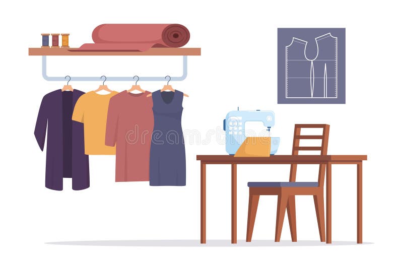 Sewing Room with Sewing Machine, Mannequin, Tools, Finished Dresses and ...