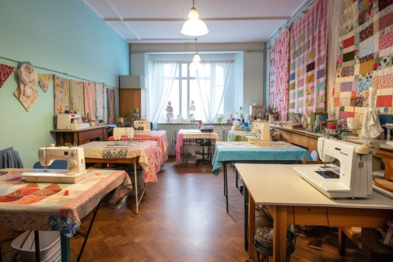 Sewing Room, with Sewing Machines in Use and Fabrics in Vibrant Colors ...