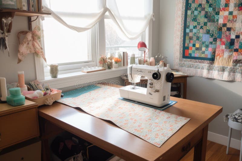 Sewing Room with Sewing Machine, Fabric, and Tools Organized on ...