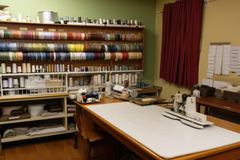 A Sewing Room with a Variety of Fabrics, Needles, and Thread on Display ...