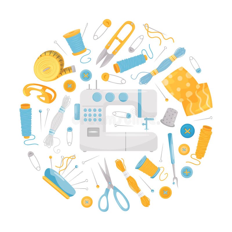 Sewing Round Composition Design with Tools for Handmade Craft Vector ...
