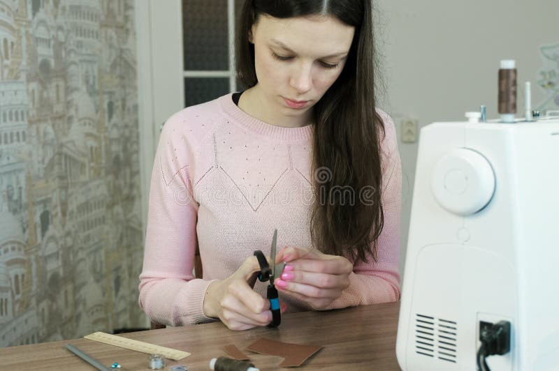 Sewing Scissors Cut a Piece of Skin, Preparation for Sewing, Cutting ...