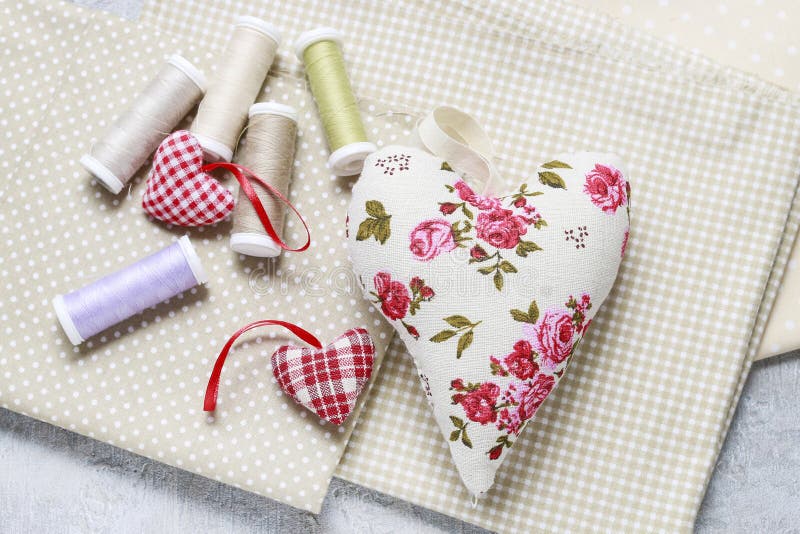Sewing Set: Fabrics, Threads and Handmade Hearts Stock Image - Image of ...