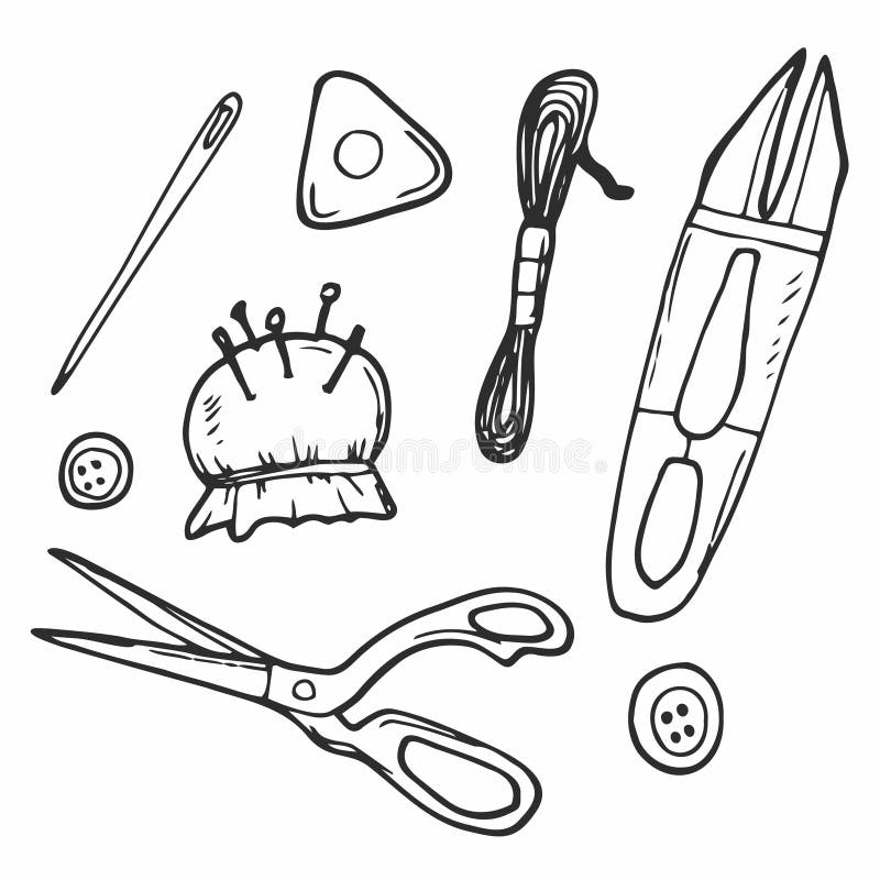 Sewing Set. Free Hand Drawing, Sketch Style Line Icons Stock Vector ...