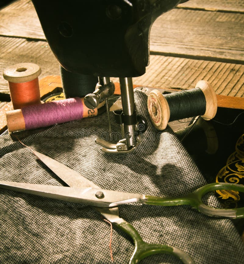 Sewing. Sewing Machine and Tools. Stock Photo - Image of black, cloth ...