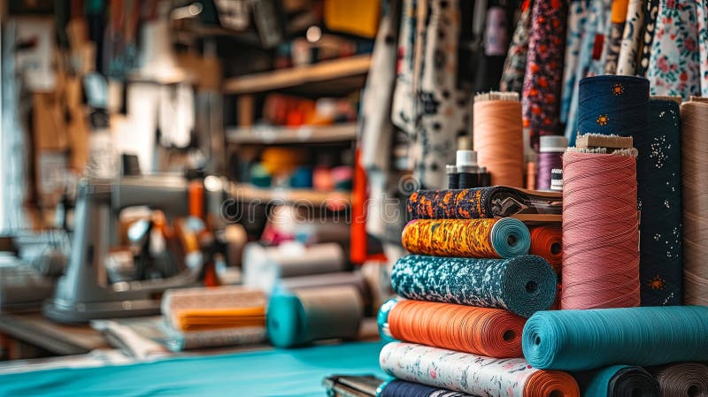 A Sewing Shop Display Featuring Stacks of Colorful Fabric Bolts and ...