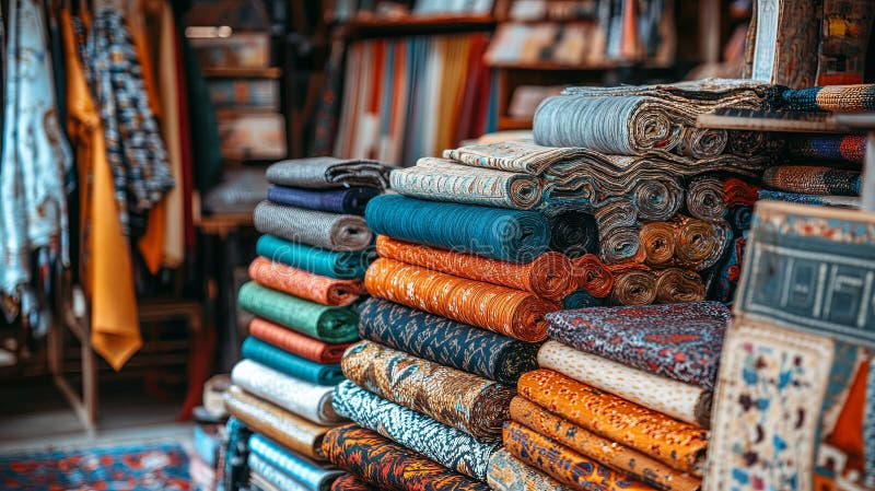 A Sewing Shop Display Featuring Stacks of Colorful Fabric Bolts and ...