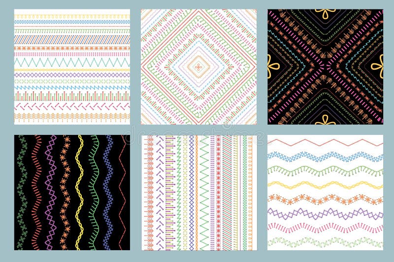 Sewing Stitches Seamless Patterns Set of Vector Illustrations on White ...