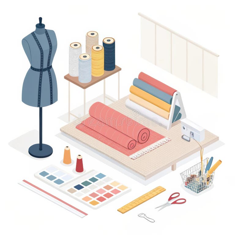 Sewing Studio with Fabric Rolls, Dress Form, and Crafting Tools ...