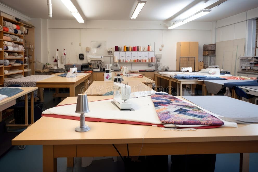 Sewing Studio, with Fabrics and Tools Neatly Arranged on Tables Stock ...