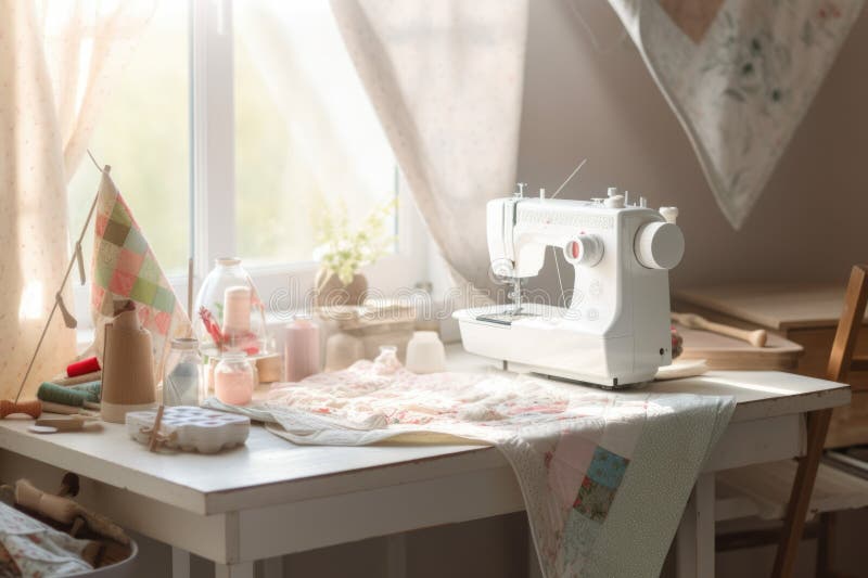 Sewing Studio with Light and Airy Decor, Sewing Machine, and Basket of ...