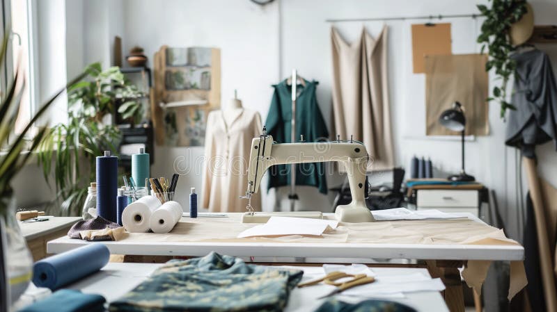 Sewing Studio with Vintage Sewing Machine, Fabric Rolls, Tools ...