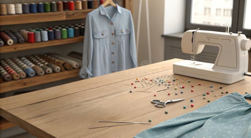 Sewing Studio Workspace with Wooden Table and Sewing Machine Stock ...