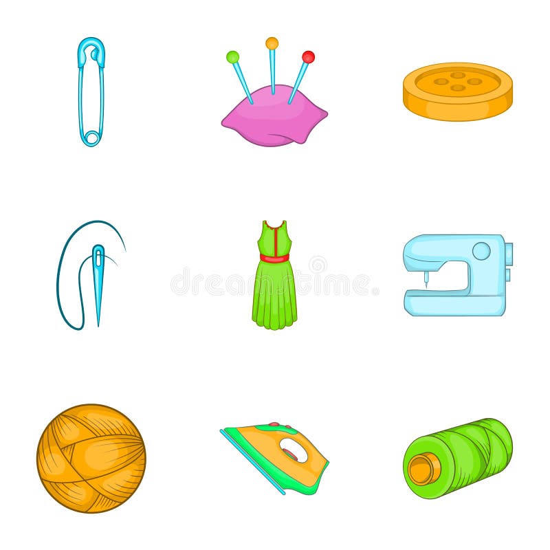 Sewing Supplies Icons Set, Cartoon Style Stock Vector - Illustration of ...