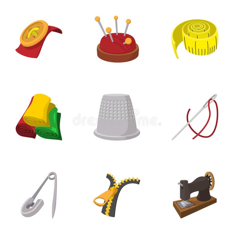 Sewing Supplies Icons Set, Cartoon Style Stock Vector - Illustration of ...