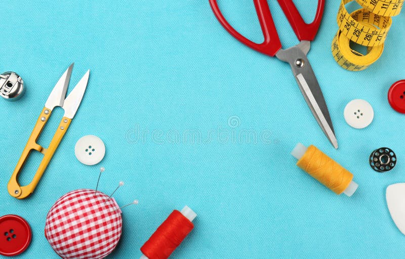 Sewing Supplies on Light Blue Background, Flat Lay. Space for Text ...